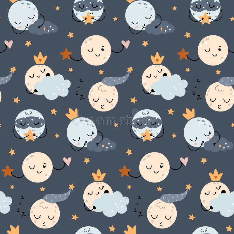 Cute Sleeping Moon Seamless Pattern Stock Vector - Illustration of ...