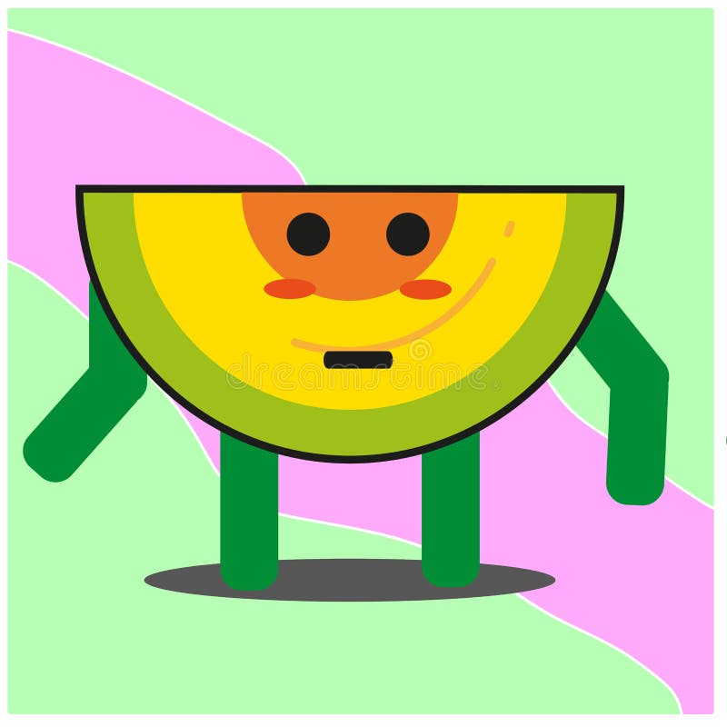 Cute Slice of Melon Fruit Cartoon Face Mascot Character with Hand and ...