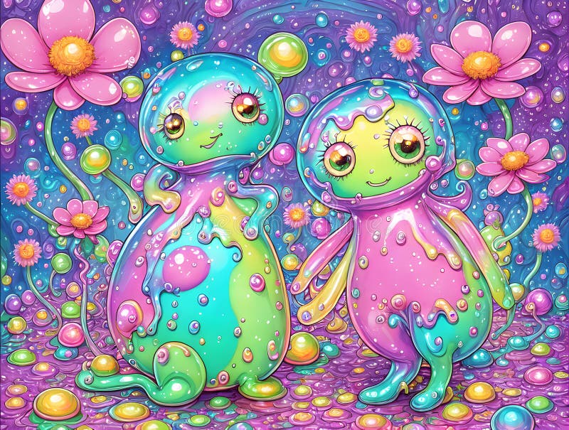 Cute Slime Creatures in Outerspace, Generative AI Illustration Stock ...