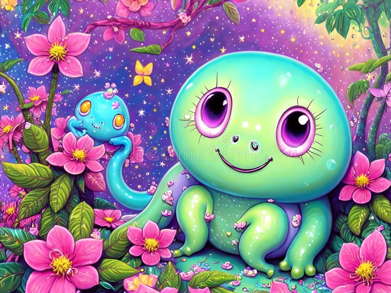 Cute Slime Creatures on Swimming Pool, Generative AI Illustration Stock ...