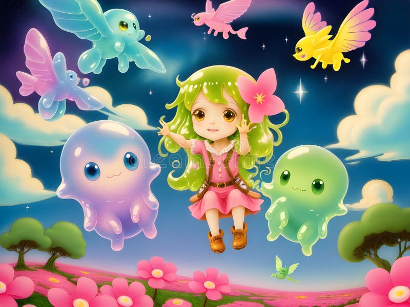 Cute Slime Creatures Flying, Generative AI Illustration Stock ...