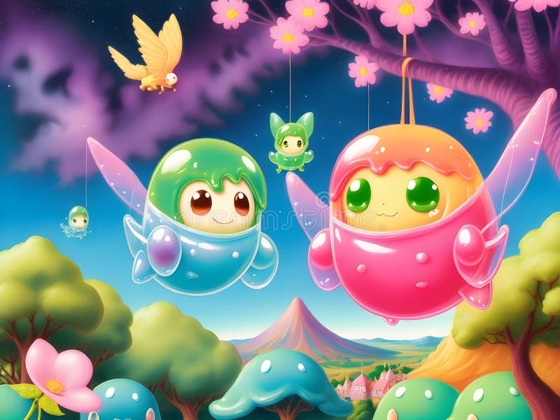 Cute Slime Creatures Flying, Generative AI Illustration Stock ...