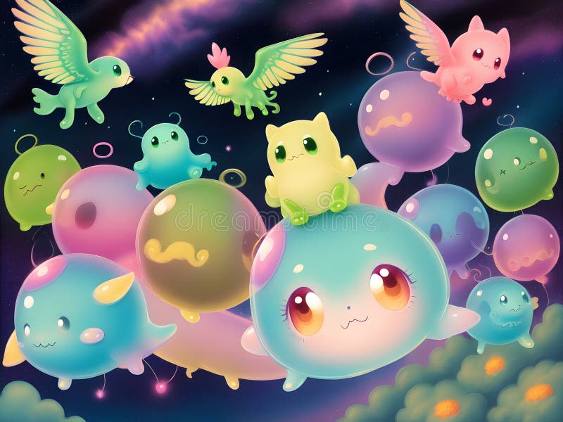 Cute Slime Creatures Flying, Generative AI Illustration Stock Image ...