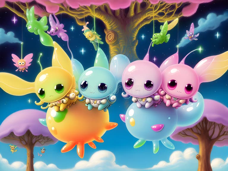 Cute Slime Creatures Flying, Generative AI Illustration Stock ...