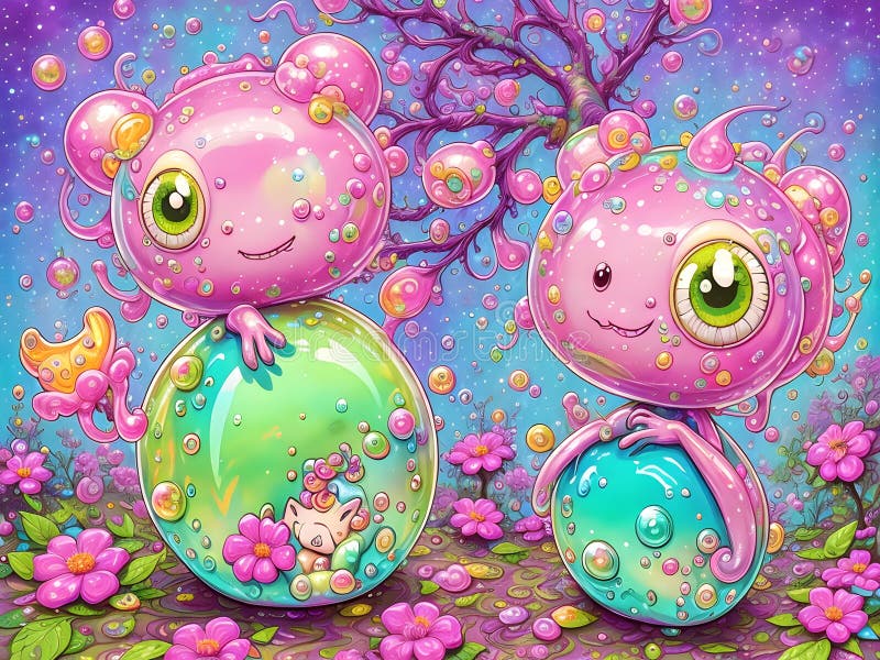 Cute Slime Creatures in Outerspace, Generative AI Illustration Stock ...