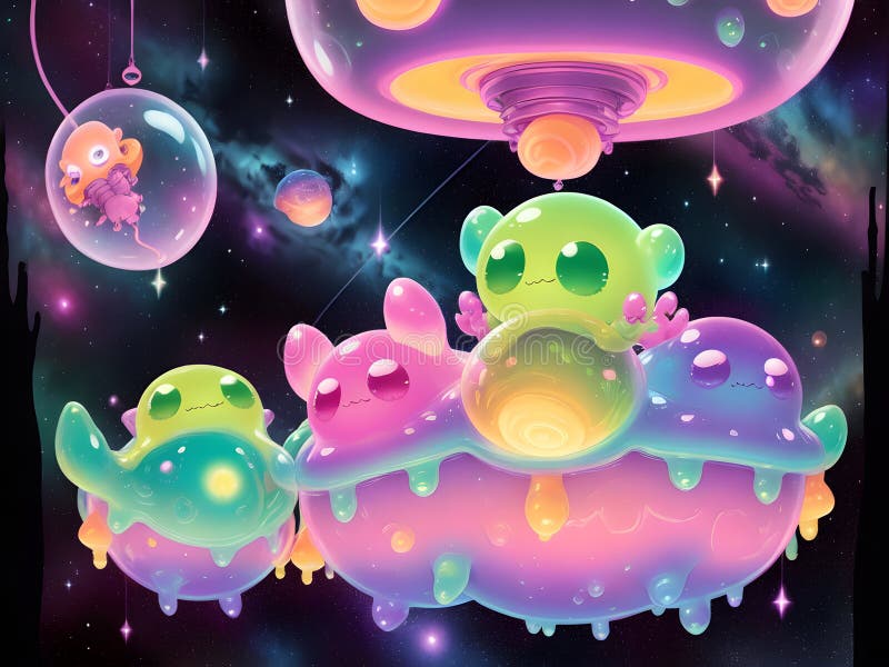 Cute Slime Creatures in Outerspace, Generative AI Illustration Stock ...