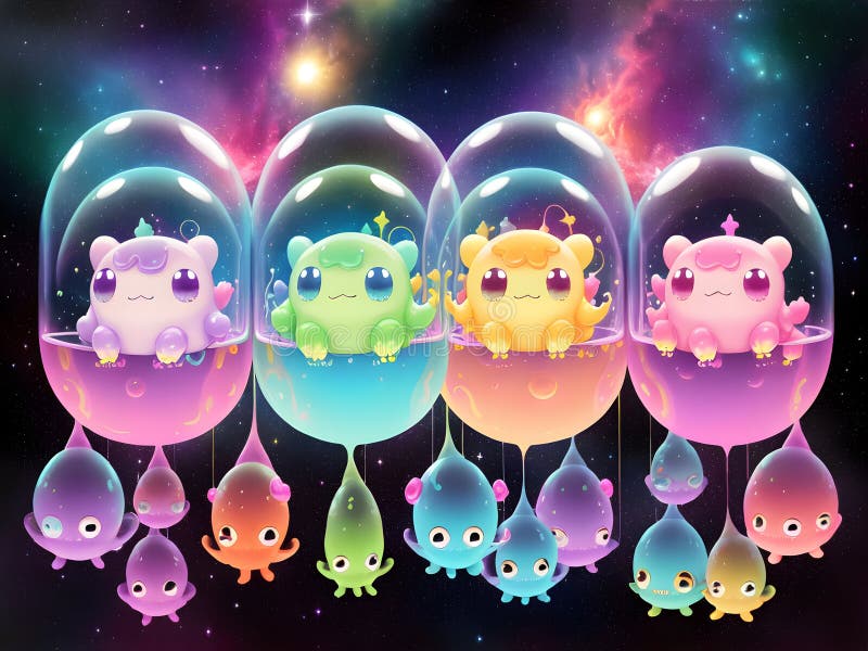 Cute Slime Creatures in Outerspace, Generative AI Illustration Stock ...
