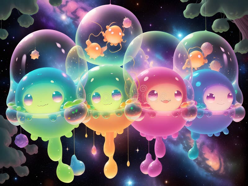 Cute Slime Creatures in Outerspace, Generative AI Illustration Stock ...