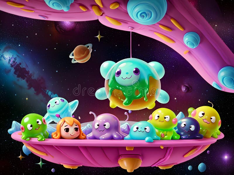 Cute Slime Creatures in Outerspace, Generative AI Illustration Stock ...
