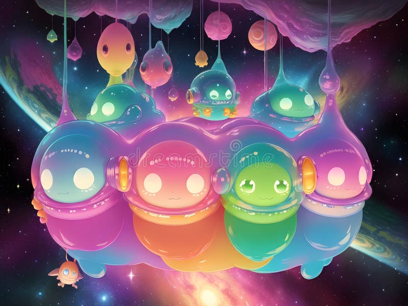 Cute Slime Creatures in Outerspace, Generative AI Illustration Stock ...