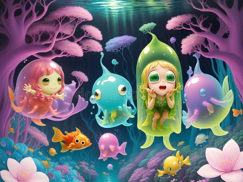 Cute Slime Creatures in Water, Generative AI Illustration Stock ...