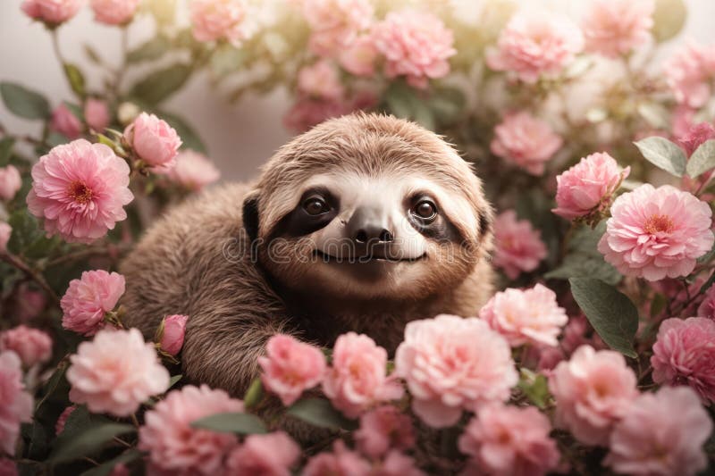 A Cute a Sloth Baby in Flowers. Ai Generative Stock Illustration ...