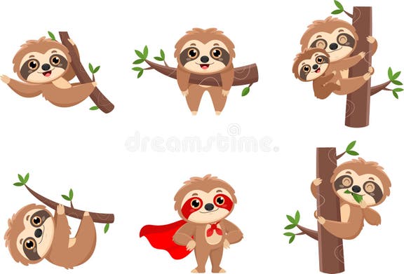 Cute Sloth Cartoon Characters. Vector Flat Design Collection Set Stock ...