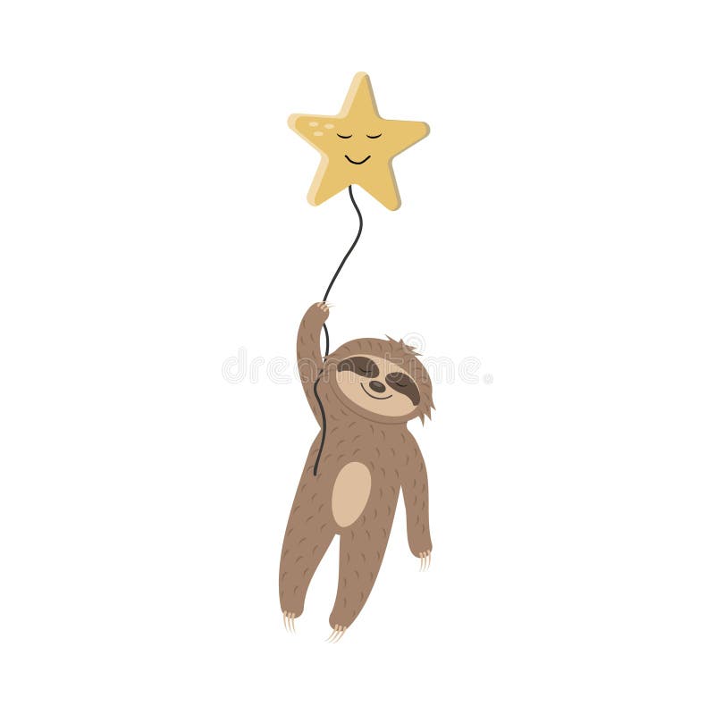 Cute Sloth Character Flying on a Star, Color Isolated Boho Style ...