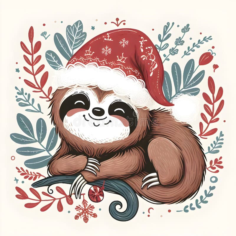 Cute Sloth in Christmas Hat Animal Stock Illustration - Illustration of ...