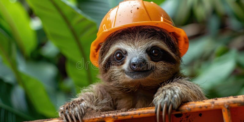 Cute Sloth in a Construction Helmet Close-up Stock Image - Image of ...