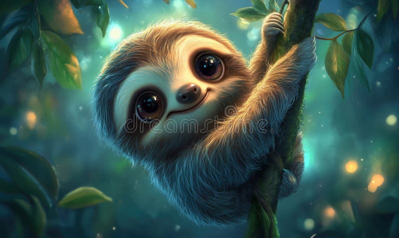 Cute Sloth Hanging on Tree Branch in Vibrant Jungle Setting with ...