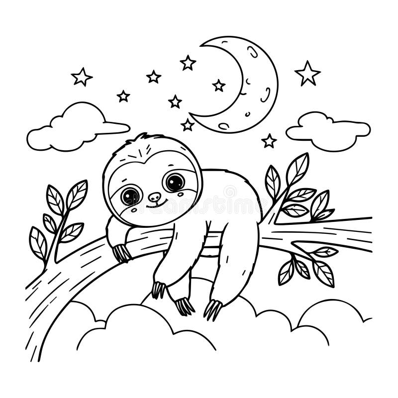 Cute Sloth Hanging in the Tree with Moon Vector Illustration Design. To ...