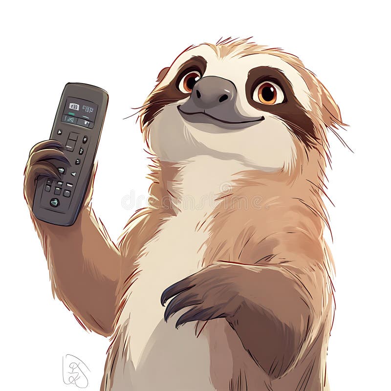 Cute Sloth Holding a Remote Control Looking Up Cartoon Illustration ...