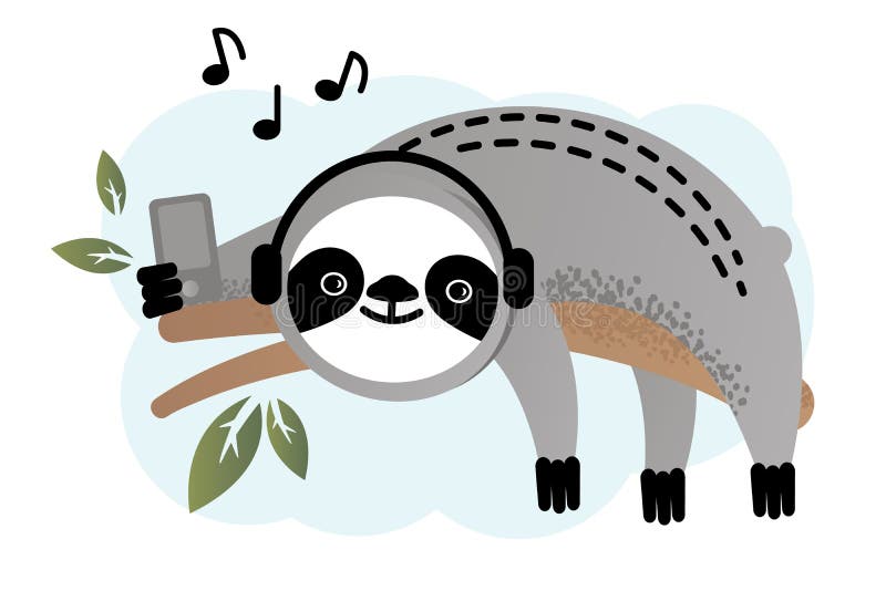 Cute Sloth Listening To Music Stock Vector - Illustration of happy ...