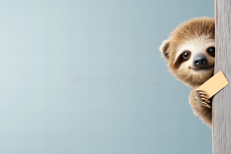 Cute Sloth Peeking Around Wooden Post with Blank Sign on Blue ...