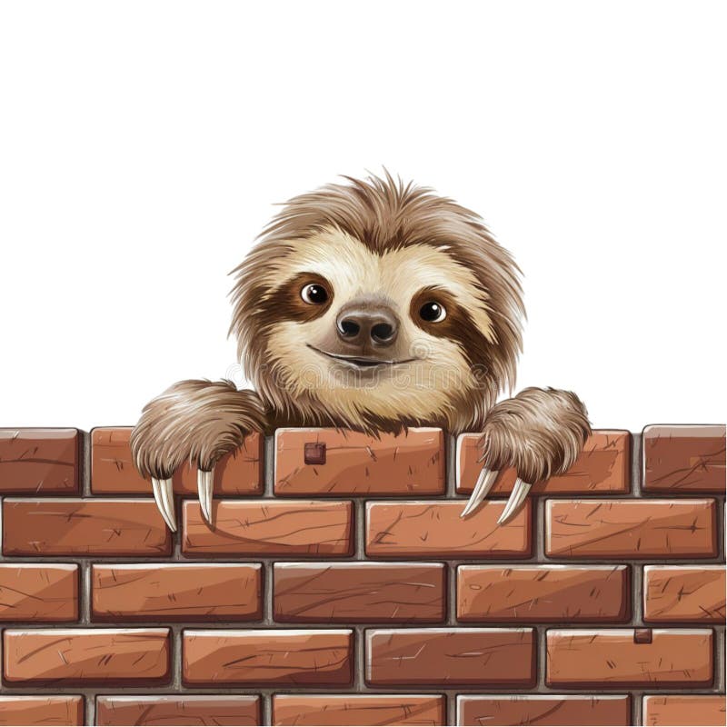 A Cute Sloth Peeks Over a Brick Wall Stock Photo - Illustration of ...