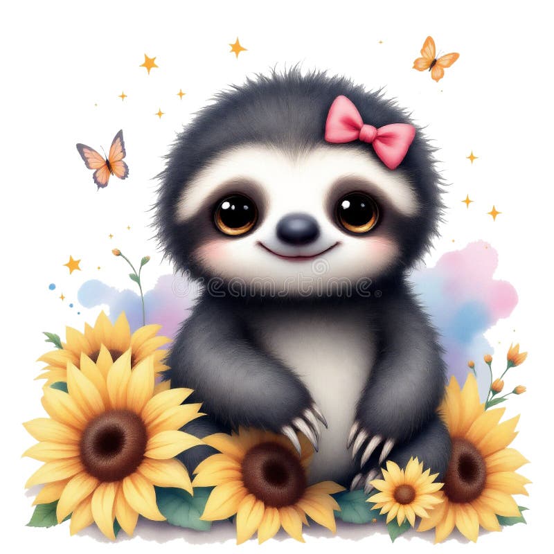 A Cute Sloth with a Pink Bow Sits Surrounded by Sunflowers Stock Image ...