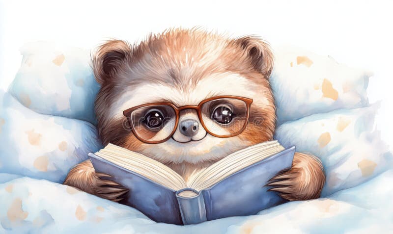 Cute Sloth Reading Book with Glasses in Cozy Setting Stock Photo ...