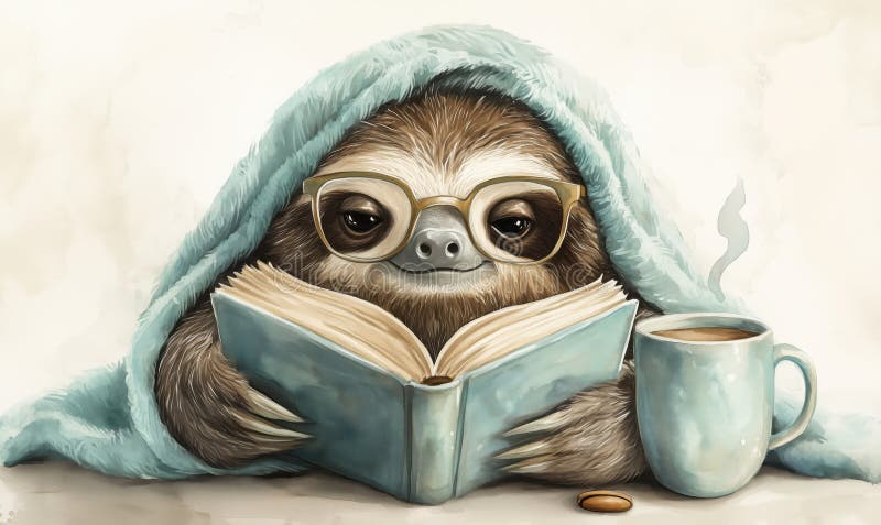 Cute Sloth Reading Book Under Blanket with Coffee Cup in Cozy Setting ...