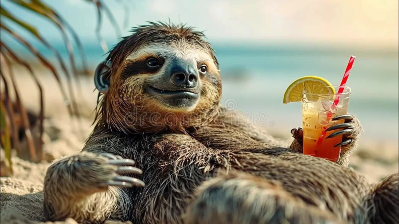Cute Sloth Relax on Beach with Cocktail Stock Video - Video of jungle ...