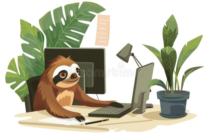 A Cute Sloth Sitting at a Desk with a Computer. Suitable for Office or ...