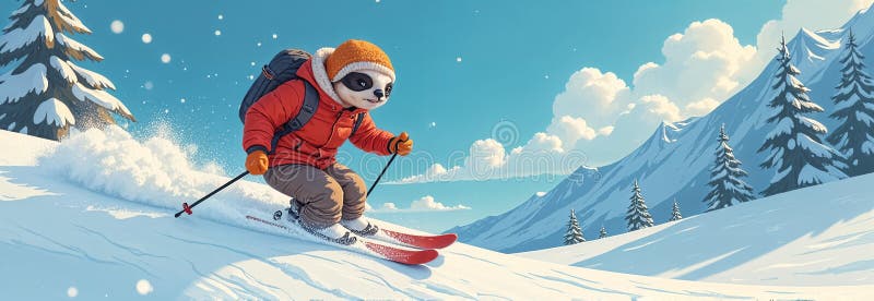 Cute Sloth Skiing on the Slope in Mountains Stock Illustration ...