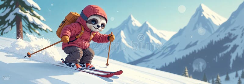 Cute Sloth Skiing on the Slope in Mountains Stock Illustration ...