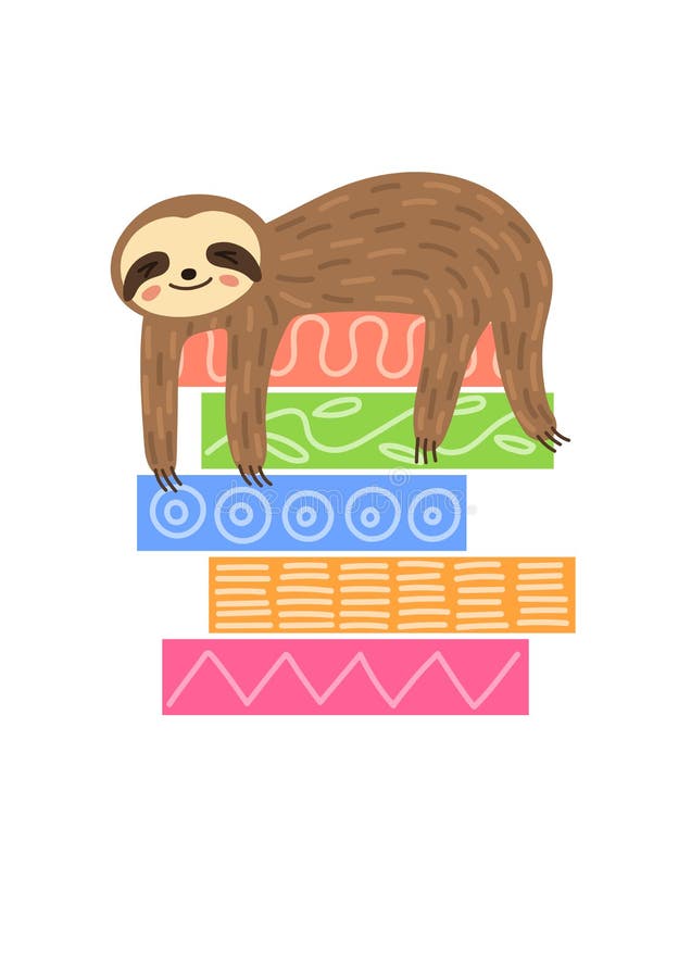 Cute Sloth Sleeping on Stack of Books. Stock Vector - Illustration of ...