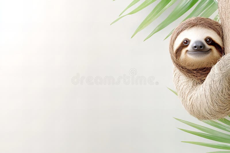 Cute Sloth Smiling from Tree Branch with Tropical Leaves in Background ...