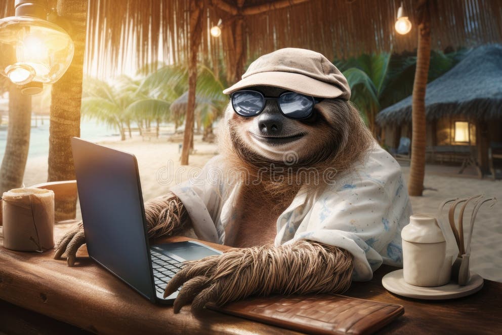 Cute Sloth Using a Laptop on a Tropical Beach with Palm Trees, Sloth ...