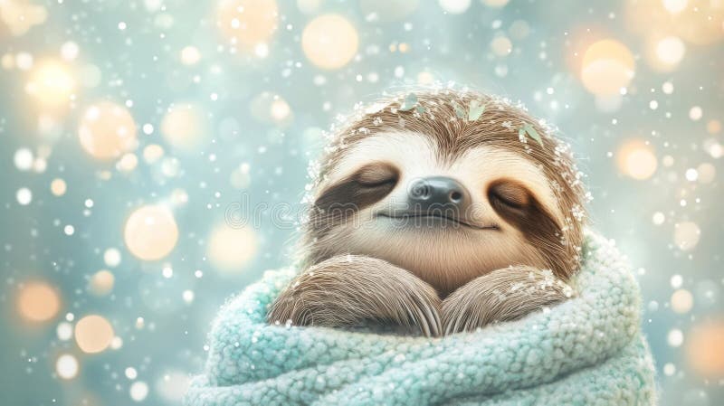 Cute Sloth Wrapped in a Blue Blanket in Snowy Winter Scene Stock ...