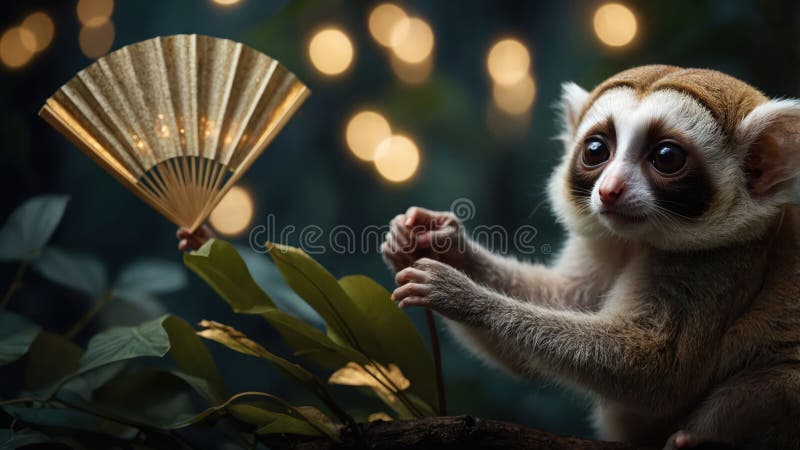 Adorable Slow Loris with Golden Hand Fan and Bokeh Lights Stock ...