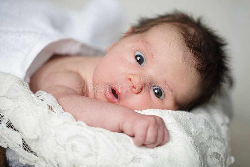 Cute Small Baby Face Closeup Portrait on White Banner Stock Image ...