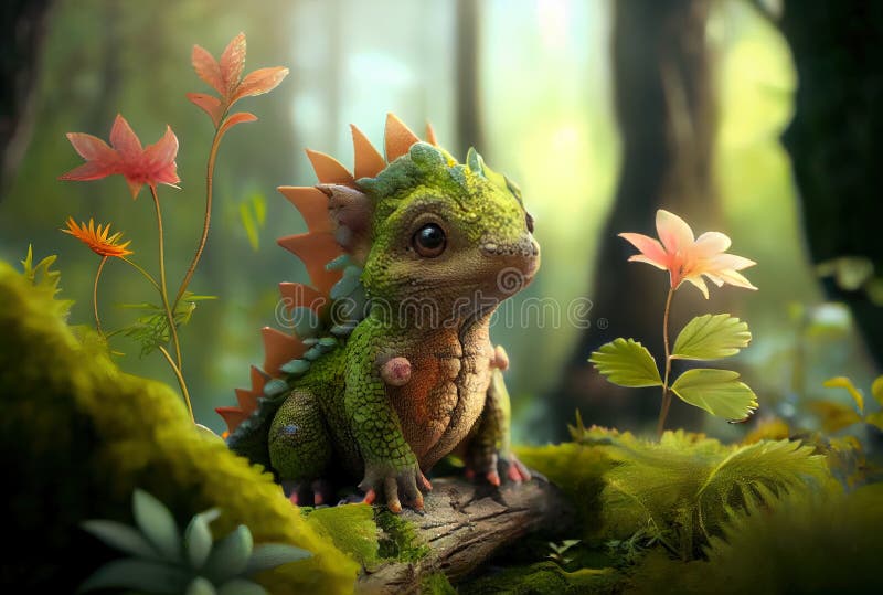 Cute Baby Dragon in Spring Forest Stock Illustration - Illustration of ...