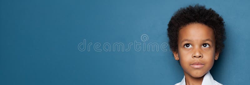 Small Black Kid Boy Thinking and Looking Up on White Background Stock ...