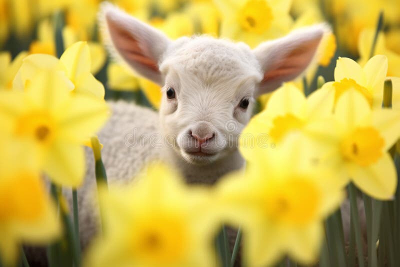 Close Up of Young Easter Lamb between Daffodil Spring Flowers Stock ...