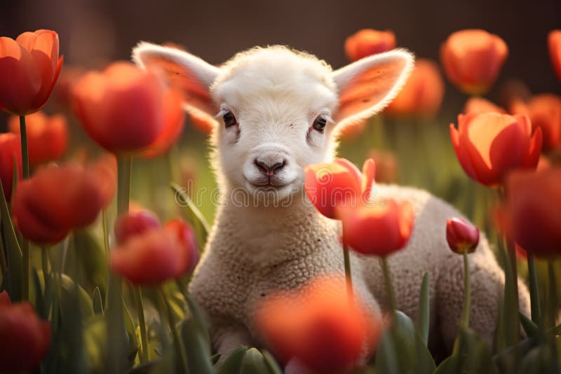 Cute Young Easter Lamb between Red Tulip Spring Flowers Stock ...