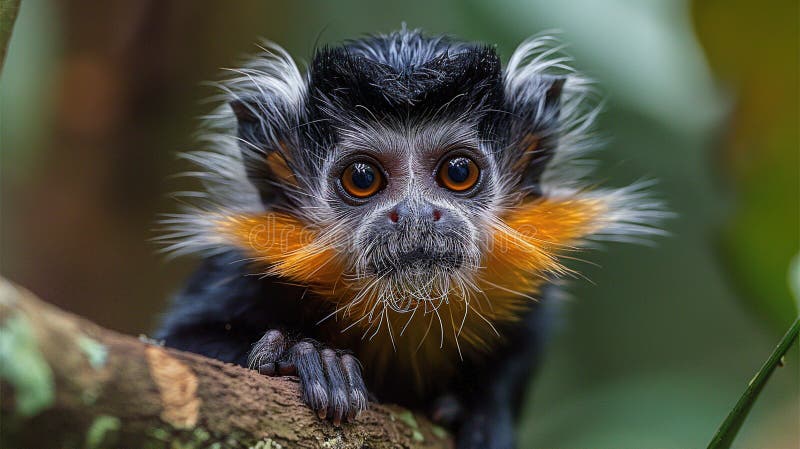 A Cute, Small Monkey with Black Fur, a White Beard, and Orange Cheeks ...