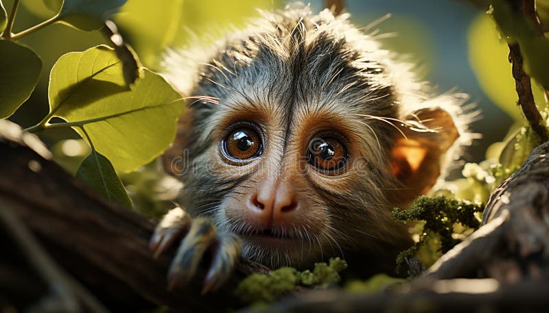 Cute Small Monkey Sitting on Branch, Looking at Camera in Forest ...