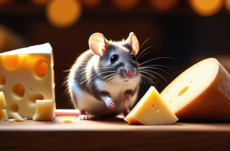 Cute Small Mouse Eating Cheese on Table, Close Up Stock Illustration ...