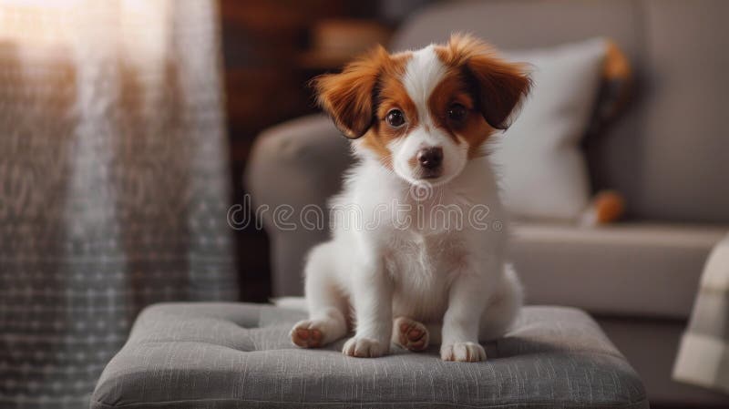 Cute Small Puppy on Sofa Indoors. Adorable Pet Stock Image - Image of ...