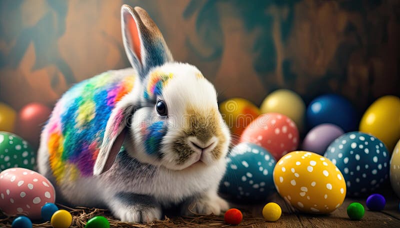 Cute Small Rabbit with Many Colourful Easter Eggs Around. Generative AI ...