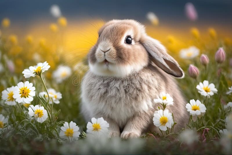 Cute Small Rabbit in the Meadow with Many Colourful Flowers Around ...