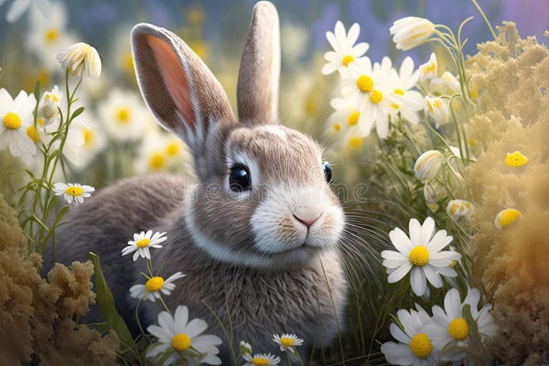 Cute Small Rabbit in the Meadow with Many Colourful Flowers Around ...